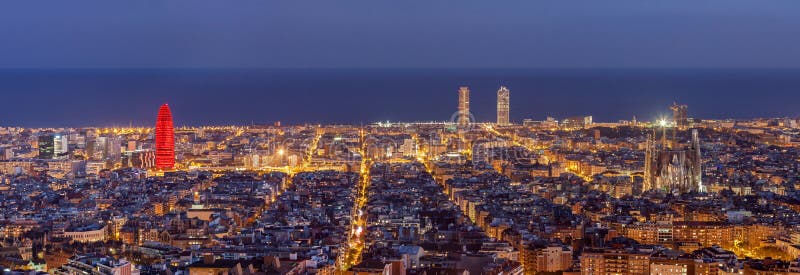 Panoramic View of Barcelona by Night. Editorial Photography - Image of ...