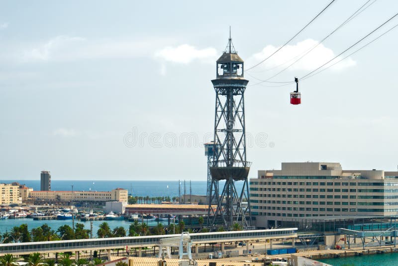 Barcelona Old Cable Car Over the Harbor Column Including Rope Stock ...