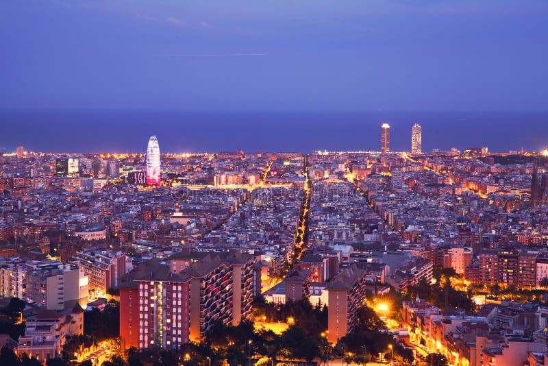 Barcelona Skyline Panorama At Night Stock Photo - Image of europe, city ...