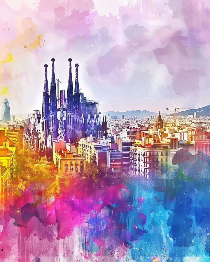 Barcelona Skyline in Watercolor Stock Illustration - Illustration of ...