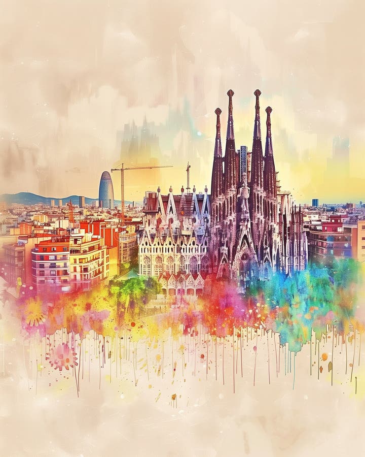 Barcelona Skyline in Watercolor Stock Illustration - Illustration of ...