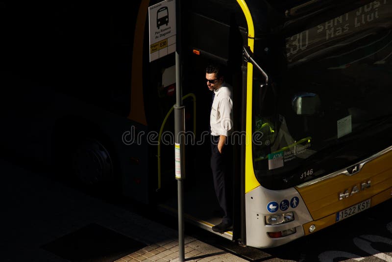 BARCELONA, SPAIN - Apr 08, 2020: Bus Driver Waiting Passengers at Bus ...