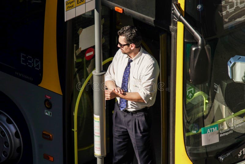 BARCELONA, SPAIN - Apr 08, 2020: Bus Driver Waiting Passengers at Bus ...