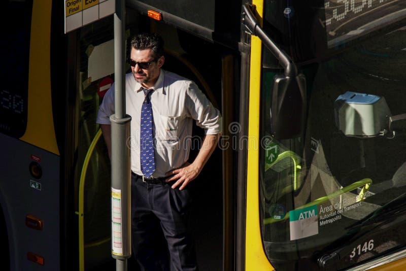 BARCELONA, SPAIN - Apr 08, 2020: Bus Driver Waiting Passengers at Bus ...