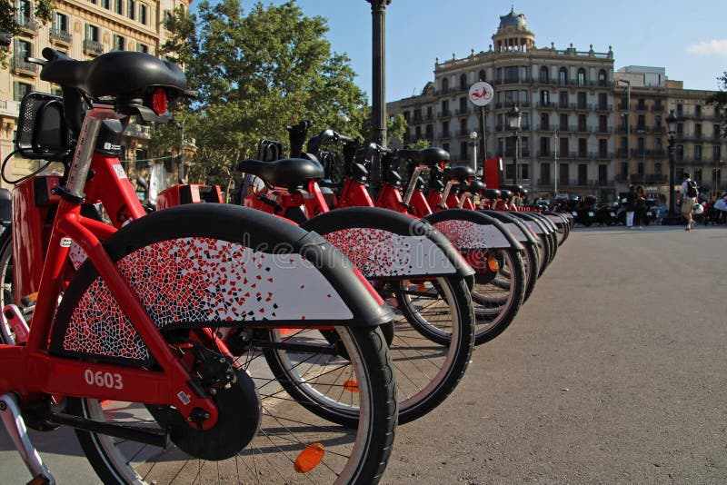Red Bikes for Rent in Barcelona. Editorial Stock Photo - Image of ...