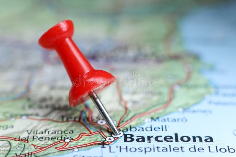 Barcelona, Spain Pin on Map Editorial Photography - Image of city ...