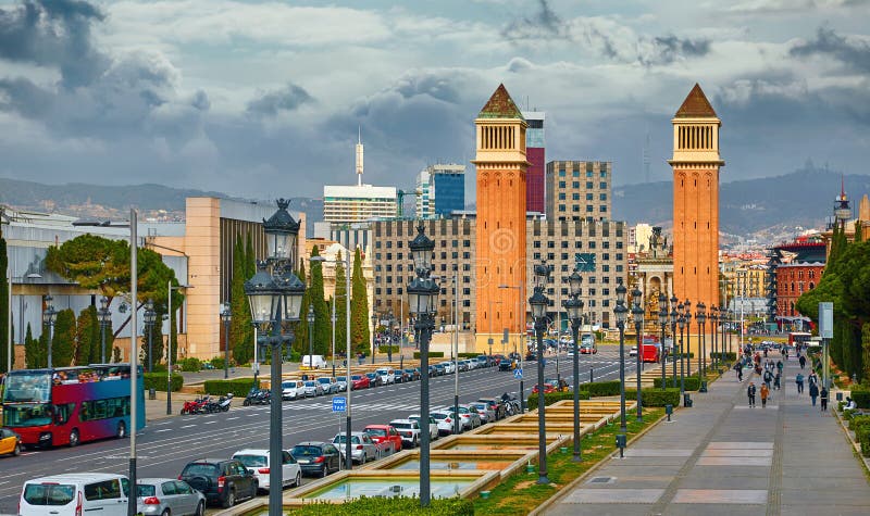 Barcelona, Spain. Nighttime Top View at Spanish Square Stock Image ...