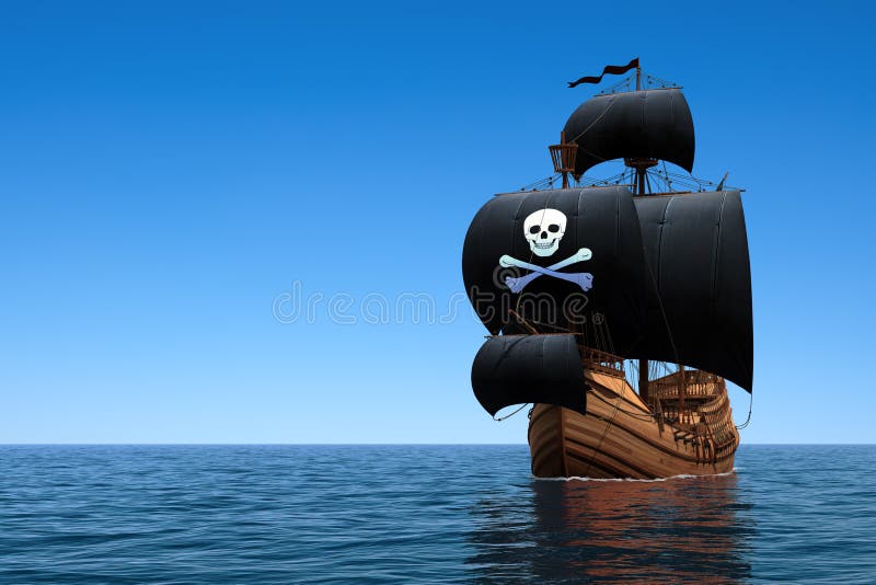 Barco Pirata En El Océano Azul Stock de ilustración - Ilustración de ...