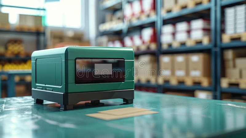 Barcode Printer in a Warehouse on a Table with Storage Boxes Stock ...