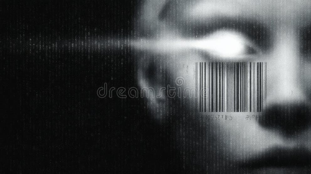 Barcode Replacing Human Face with Glowing Eye Staring from Digital Void ...
