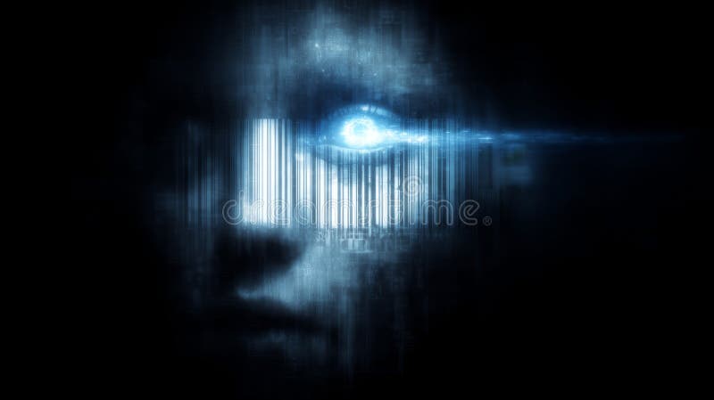 Barcode Replacing Human Face with Glowing Eye Staring from Digital Void ...