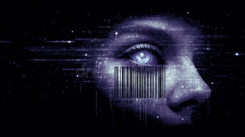 Barcode Replacing Human Face with Glowing Eye Staring from Digital Void ...