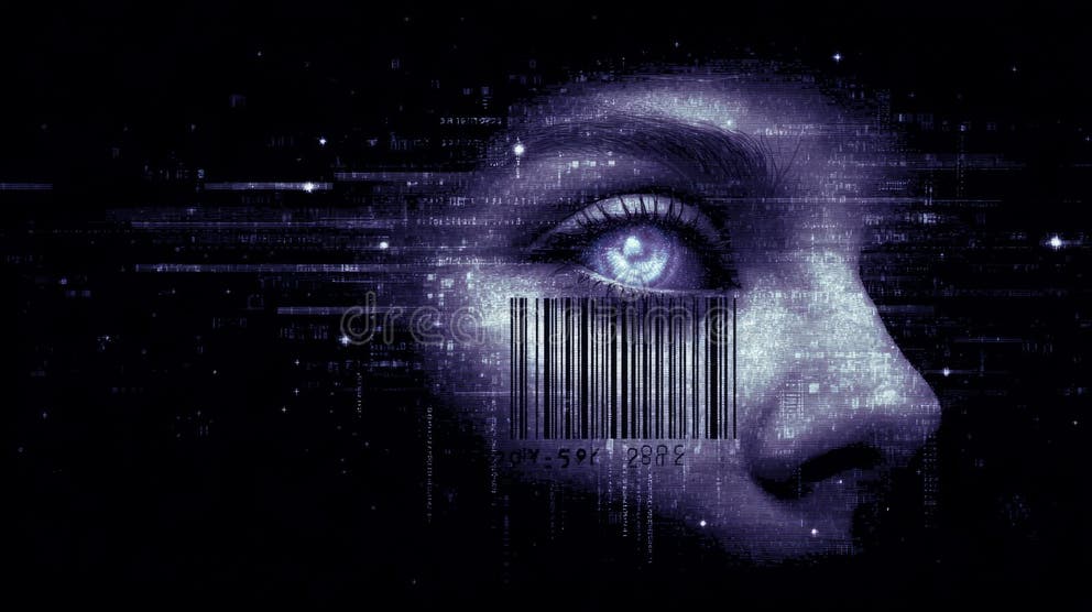 Barcode Replacing Human Face with Glowing Eye Staring from Digital Void, Questioning Identity in ...