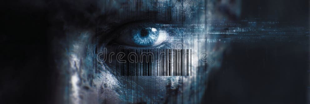 Barcode Replacing Human Face with Glowing Eye Staring from Digital Void ...