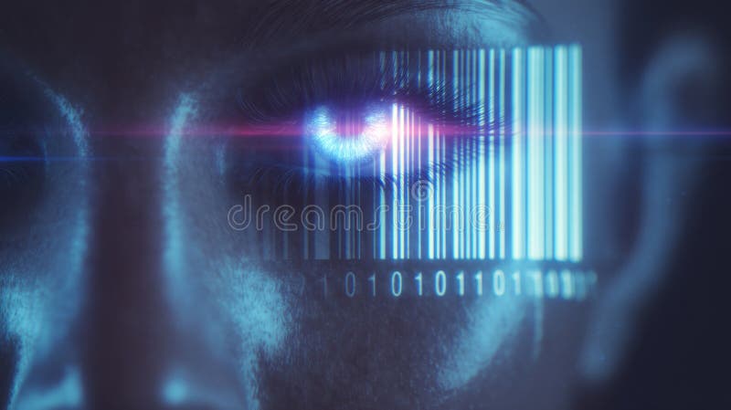 Barcode Replacing Human Face with Glowing Eye Staring from Digital Void, Questioning Identity in ...