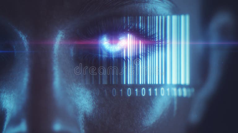 Barcode Replacing Human Face with Glowing Eye Staring from Digital Void ...