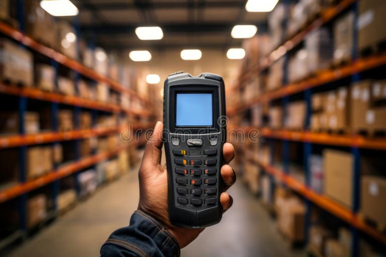 Barcode Scanner in Hand on Warehouse Background. Delivery Shipping ...