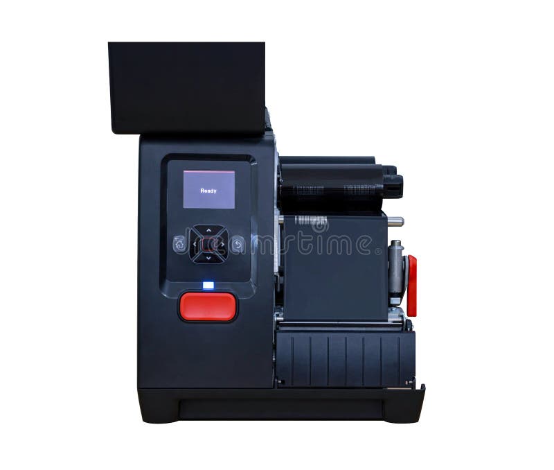 Barcode Sticker Printing Machine. Black Machine with Ribbon in Machine ...
