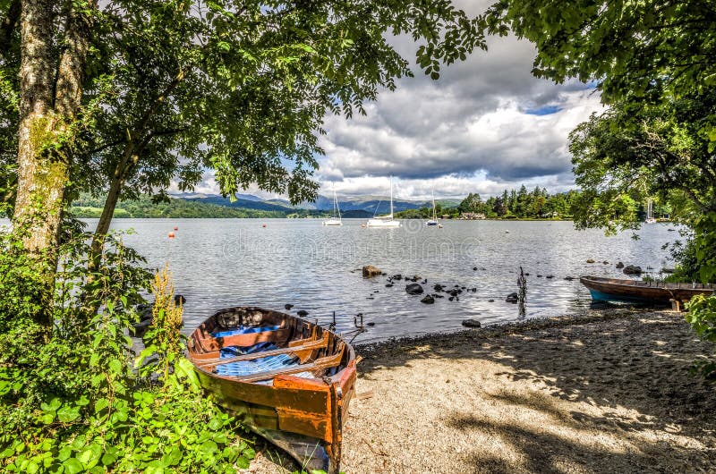 La Orilla Del Lago Con Arenoso Y Pinos En La Orilla Foto de archivo ...