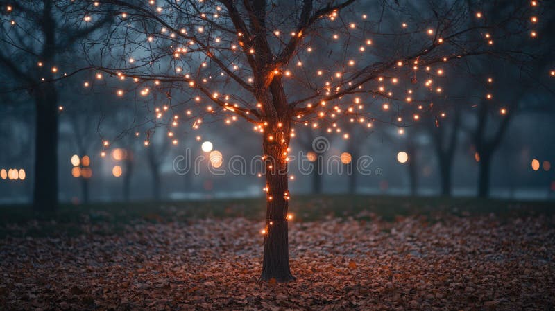 Bare Autumn Tree Wrapped in Glowing String Lights Stock Image - Image ...