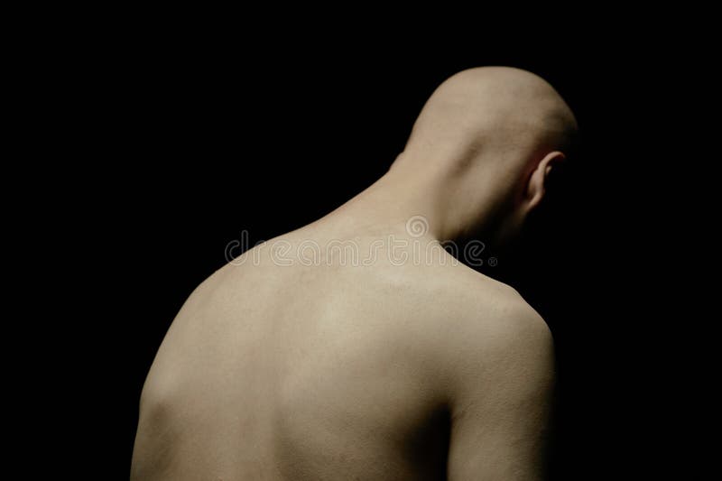 Bare Back of Pale Bald Man in Feeling of Despair Looking Down in Dark ...