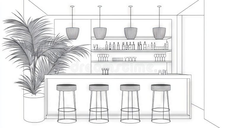 A Bare Bar Scene with Stools and Bottles, Designed for Restaurant or ...