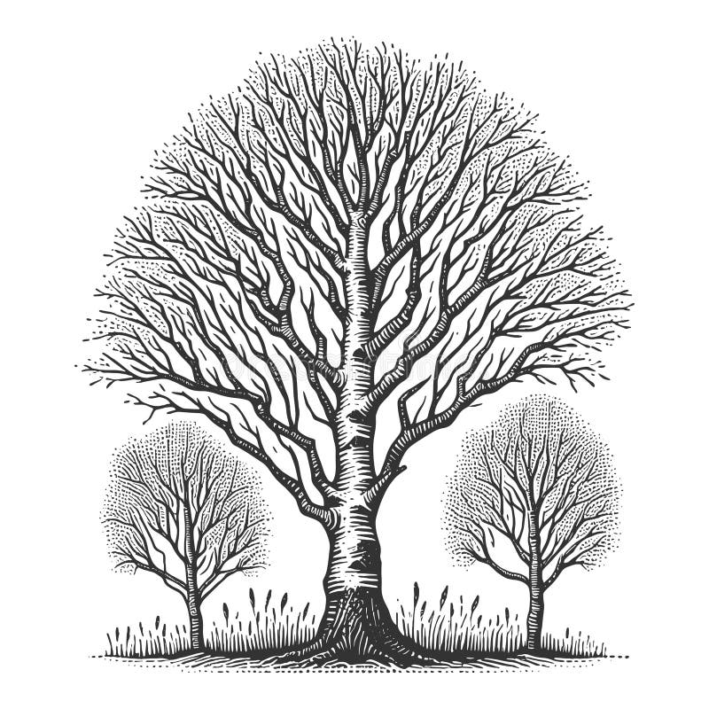 Bare Birch Tree Engraving Vector Illustration Stock Vector ...