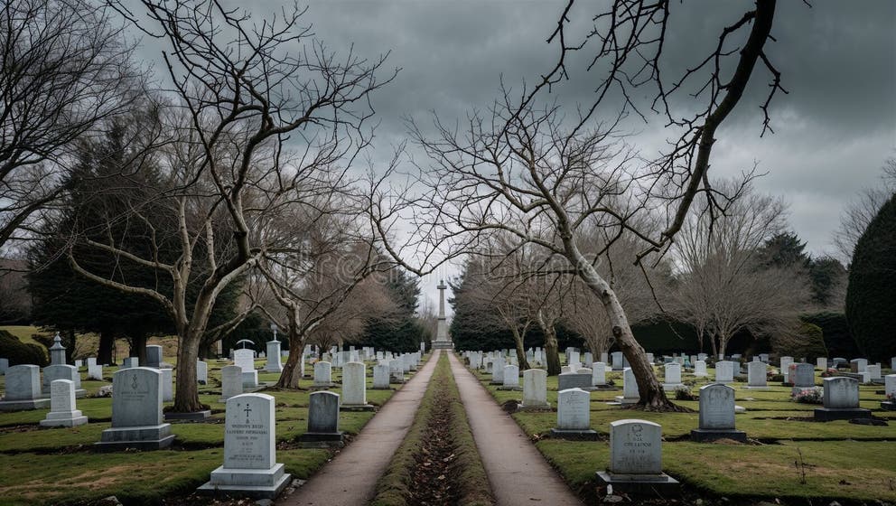 Bare Branches Reach Over Cemetery Path Beneath Brooding Grey Sky Stock ...