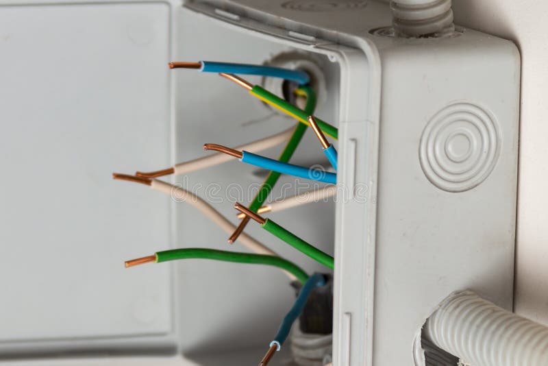 Bare Contacts of Electrical Wires in a Junction Box on the Wall Stock ...