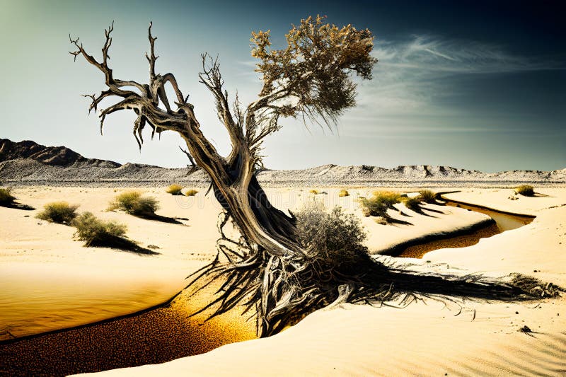 Bare Dry Tree on Cracked Earth. Climate Change with Desertification ...