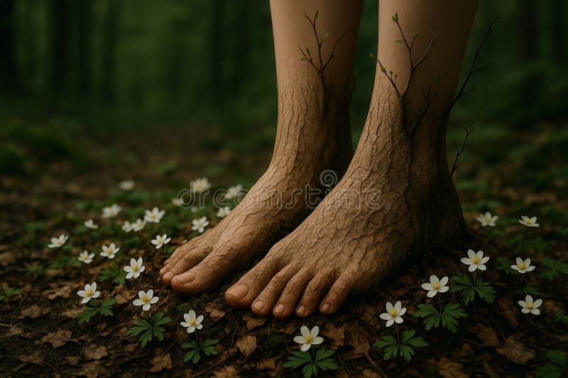 Bare Feet Blending into Tree Roots Standing among White Spring Flowers ...