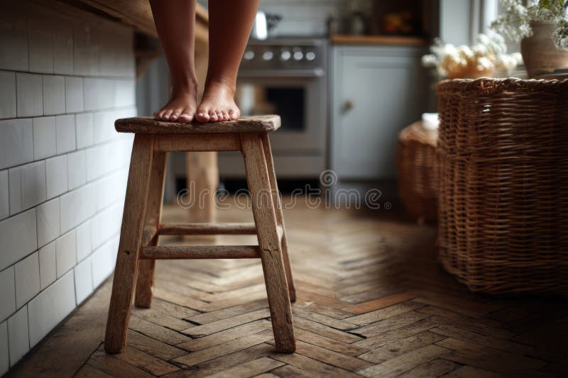 Bare Feet on Rustic Wooden Stool in Cozy Kitchen Stock Photo - Image of ...