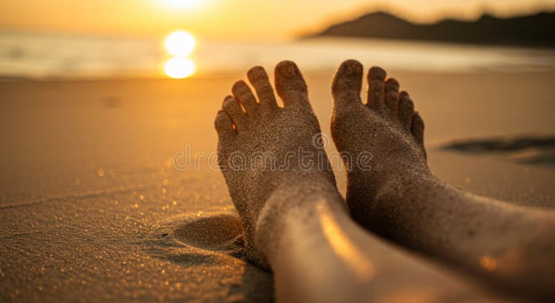 Bare Feet on Sandy Beach at Sunset Stock Illustration - Illustration of ...