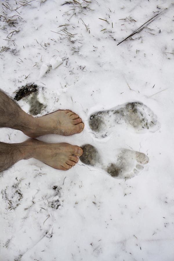 Bare Feet Standing on Snow Covered Ground with Visible Footprints Stock ...