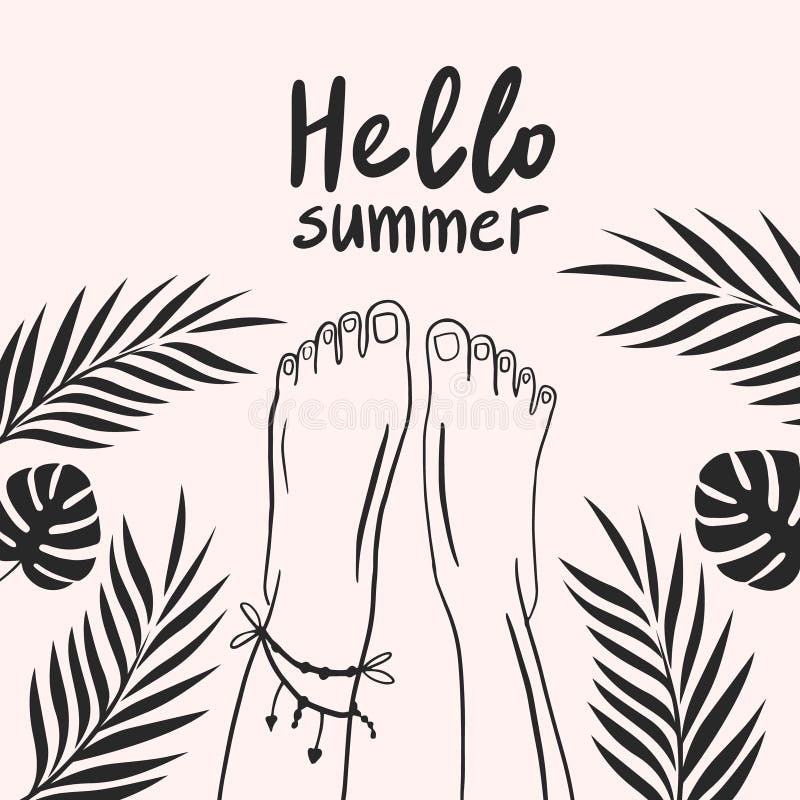 Bare Feet with Tropical Leaves. Tropical Leaves. Hello Summer Stock ...