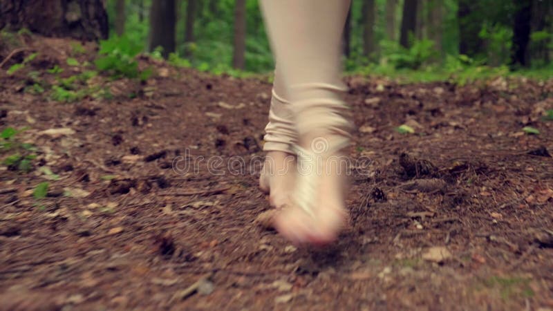 Barefoot Female Feet are Walking on a Stone Step. without a Face. Stock ...