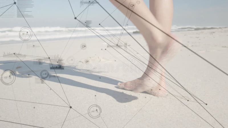 Bare Feet Walking on Sandy Beach with Digital Network Overlay Animation ...