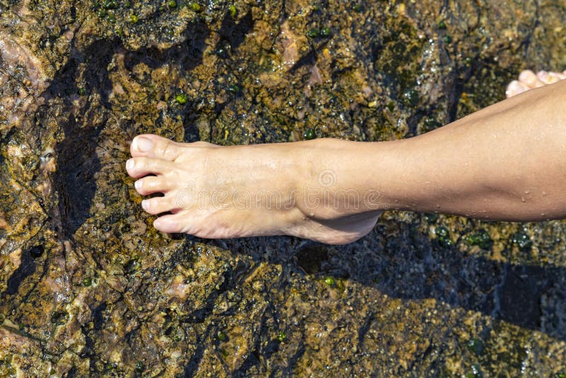 The Bare Feet of a Young Woman is on the Rocks. Stock Photo - Image of ...