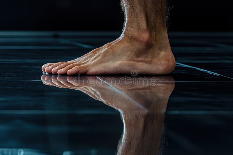 A Bare Foot Stands on a Highly Reflective Surface, Emphasizing Balance ...