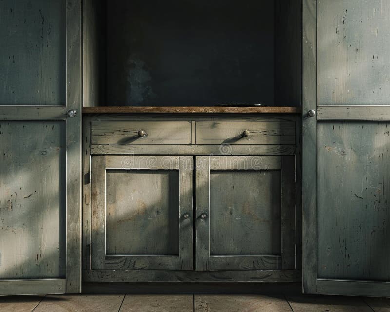 Bare Kitchen Cupboards, Doors Ajar, Dim Evening Light, Low Angle View, Hyper-realistic Texture ...