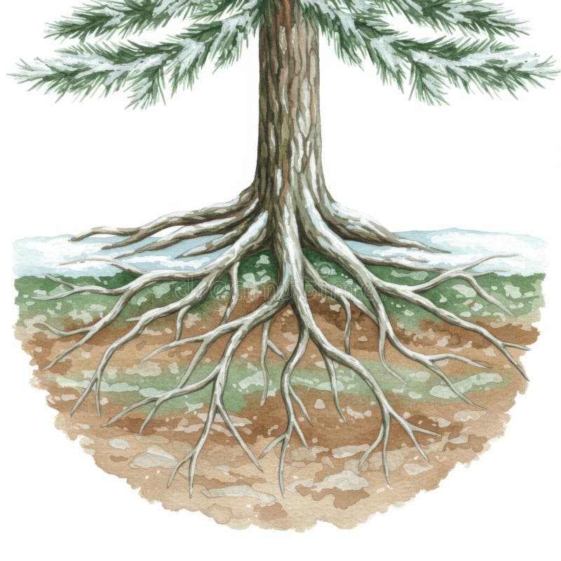 Bare Roots of Evergreen Tree in Winter Snowy Ground with Detailed ...