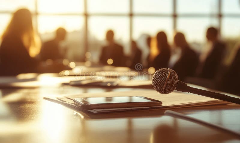 A Bare Table, a Microphone, Papers, and People Behind. Stock Photo ...