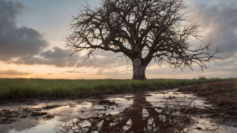 Bare Tree Besides Dry River Stock Illustration - Illustration of ...