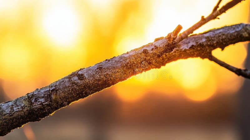 Bare Tree Branch Outlined Against a Golden Sunset Sky with Blurred Mist ...