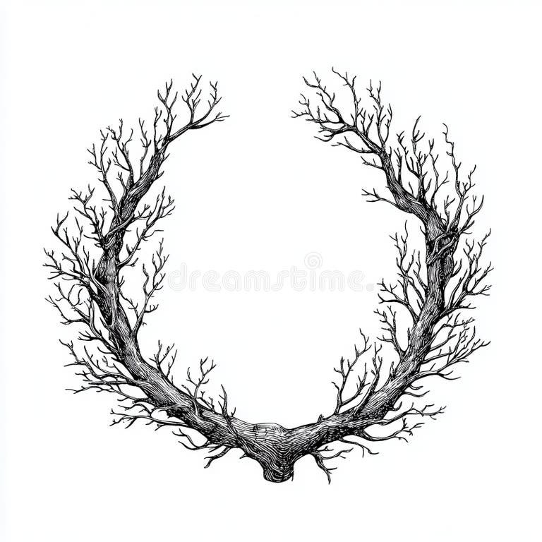 Bare Tree Branches Oval Frame Nature Art Ink Drawing Stock Illustration ...