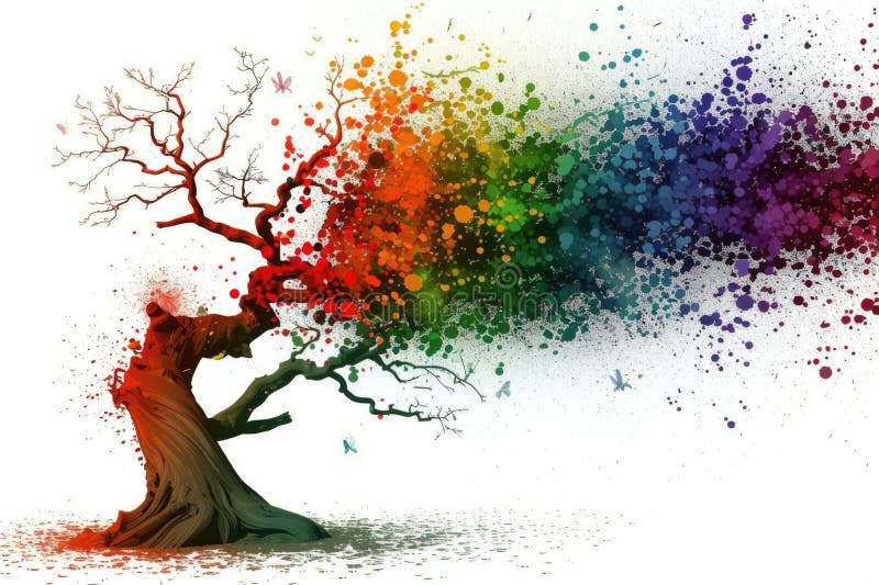 A Bare Tree with Dark Branches Transforms into a Vibrant Rainbow of ...