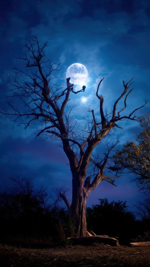 Bare Tree Silhouetted Against Bright Full Moon Night Sky Stock Photos ...