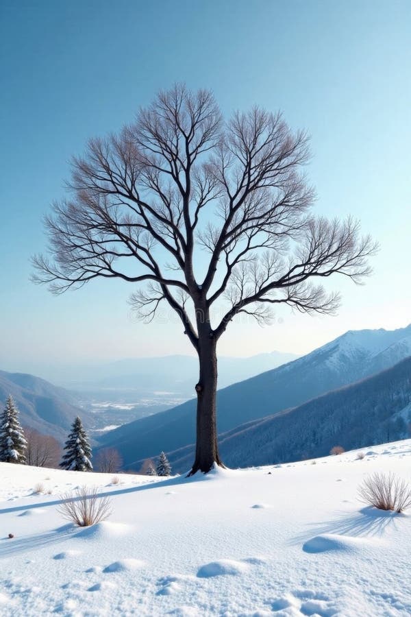 Bare Tree in Snowy Landscape with Distant Hills, Tree, Trunk Stock ...