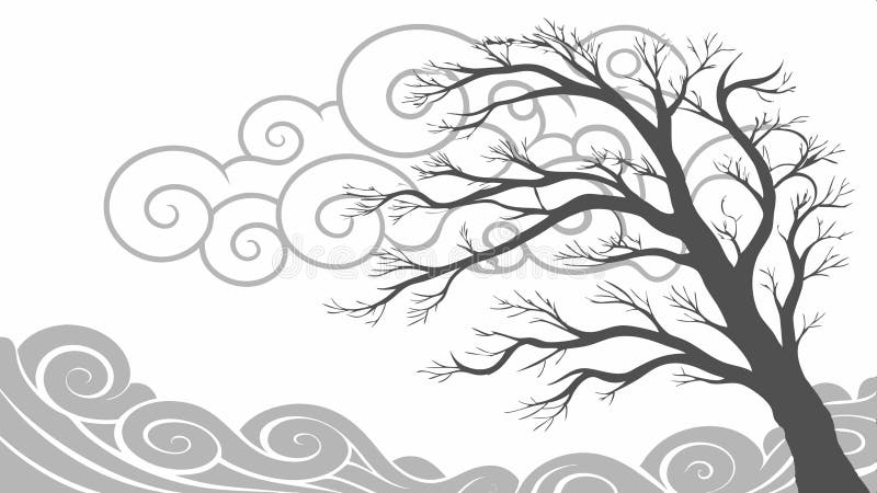 Bare, Windswept Tree Silhouette in a Cloudy or Stormy Landscape Graphic ...