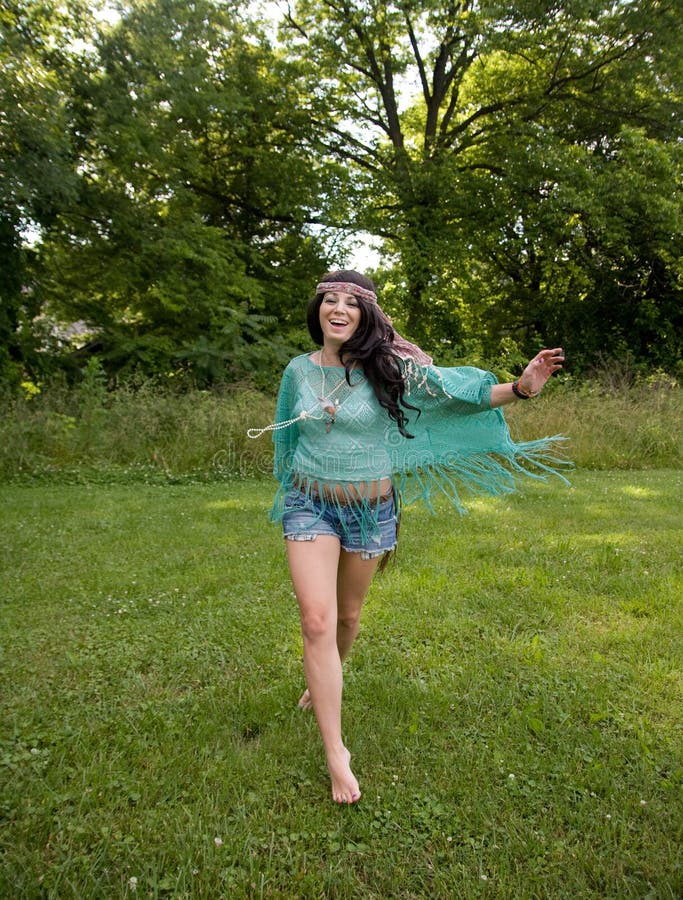 Barefoot Girl Running through Grass Stock Photo - Image of laughing ...